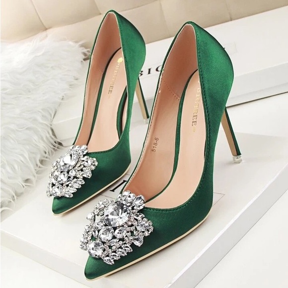Shoes | Emerald Green Satin Rhinestone Pumps | Poshmark
